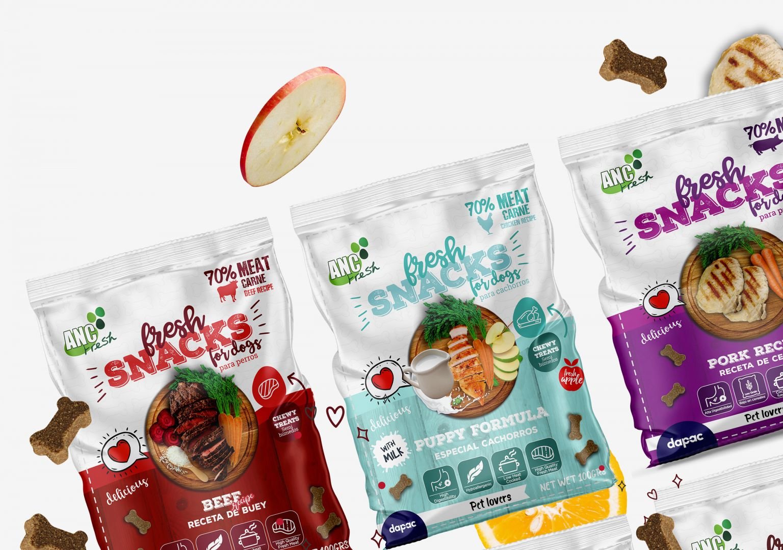 Diseño de Empaques para Snacks de Perros Fresh | Brandesign