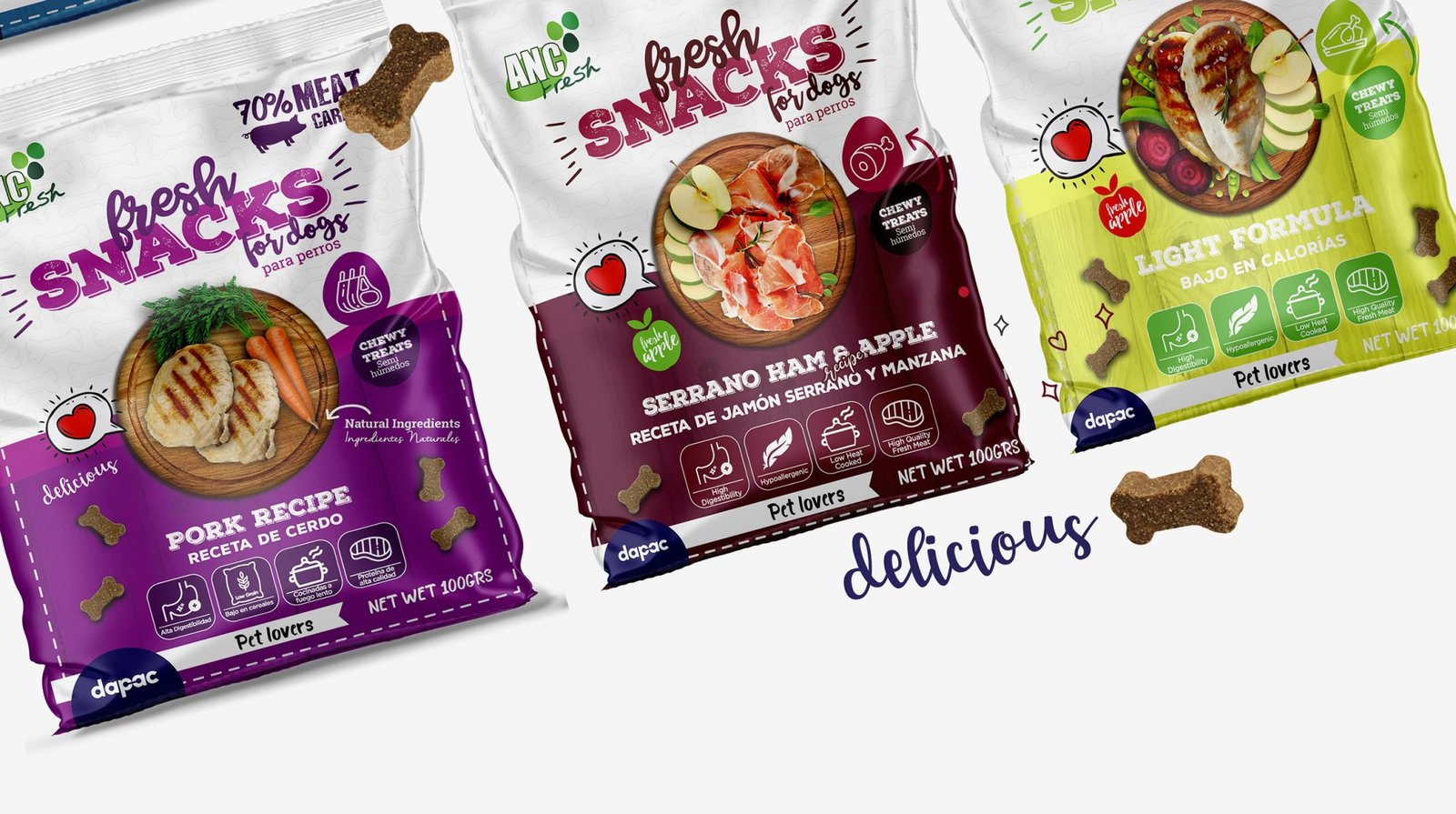 Diseño de Empaques para Snacks de Perros Fresh | Brandesign
